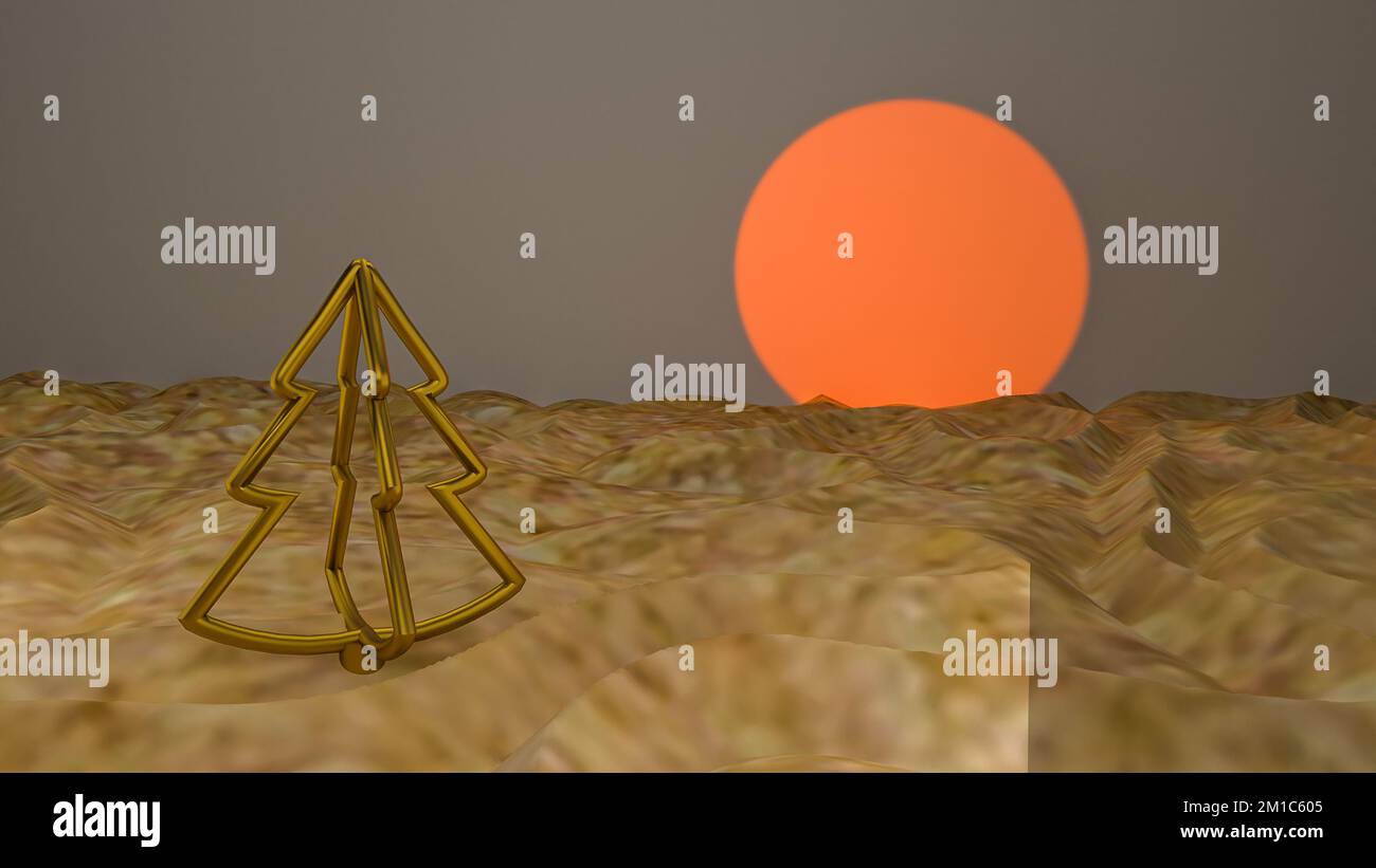 A Christmas tree made of gold standing on a stretch of sand and an ...