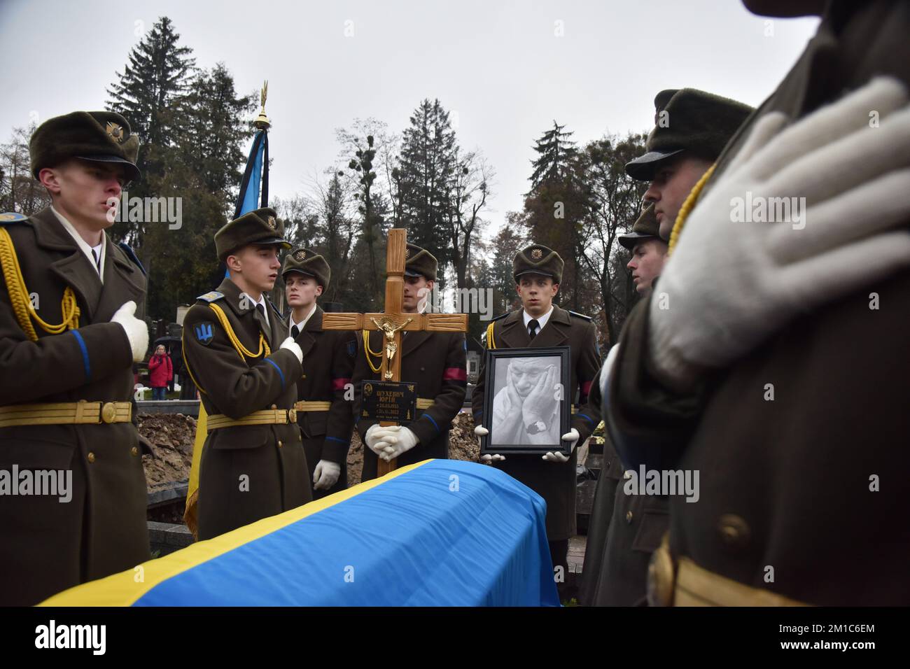 Military honor guard seen during the performance of the national anthem ...