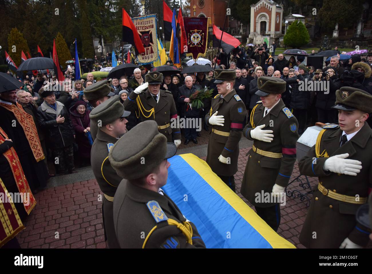 Military honor guard seen during the performance of the national anthem ...