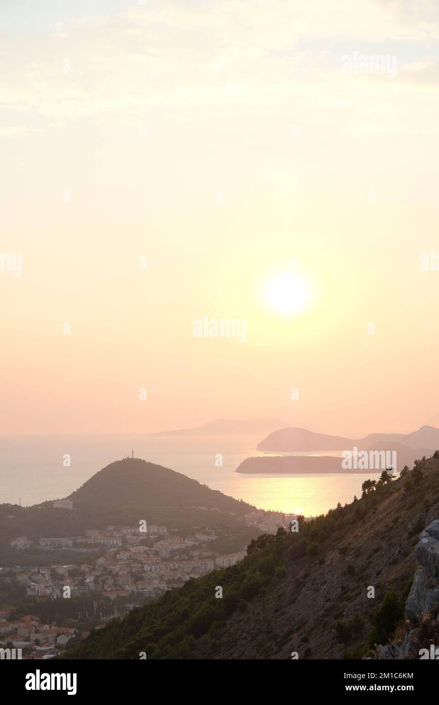 The City of Dubrovnik, Croatia, at sunset as seen from above from the ...