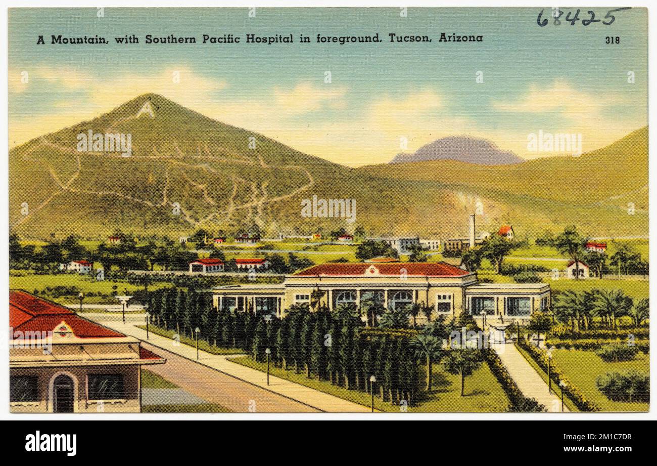 A mountain with Southern Pacific Hospital in fore ground, Tucson ...
