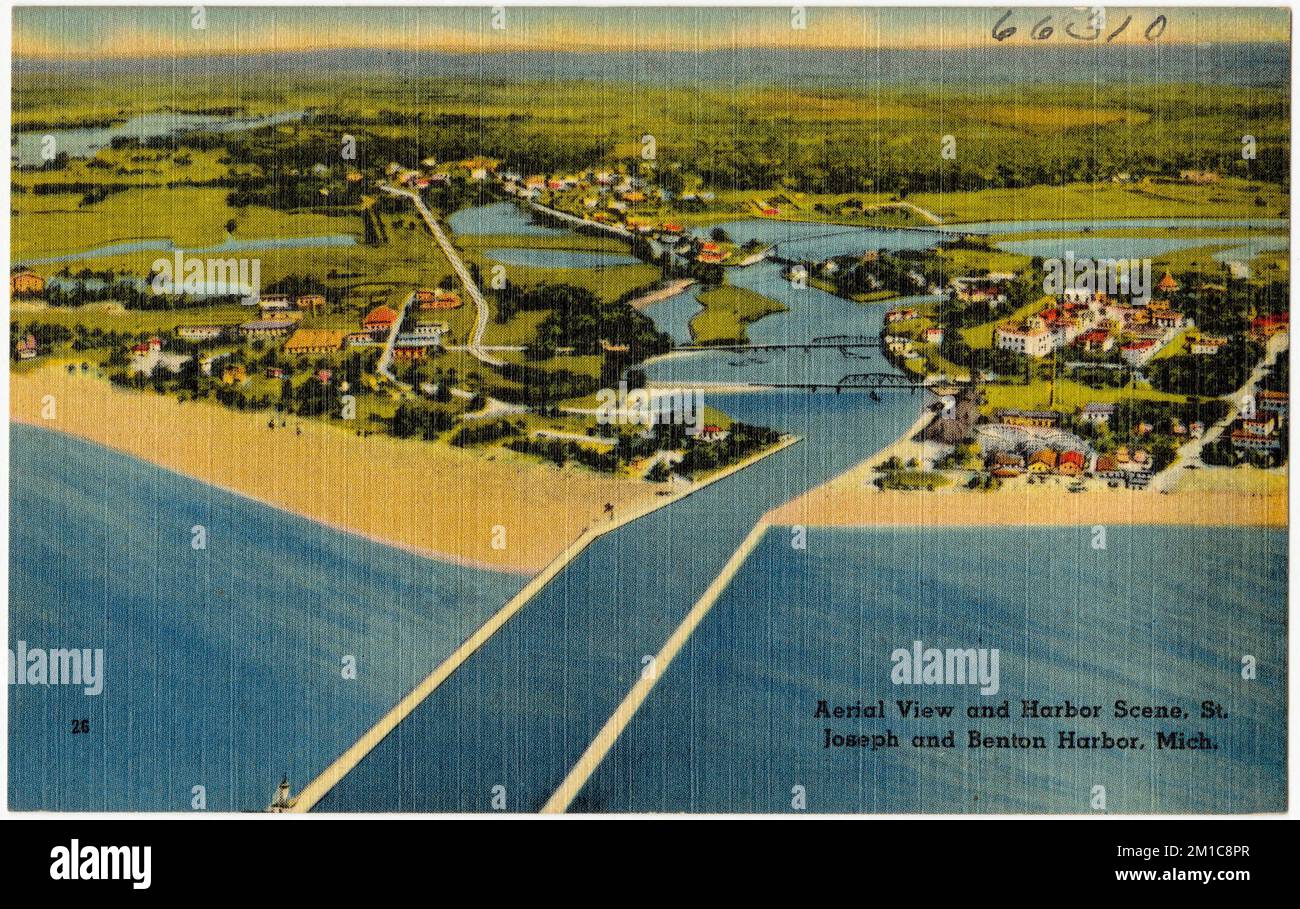 Aerial view and harbor scene, St. Joseph and Benton Harbor, Mich ...