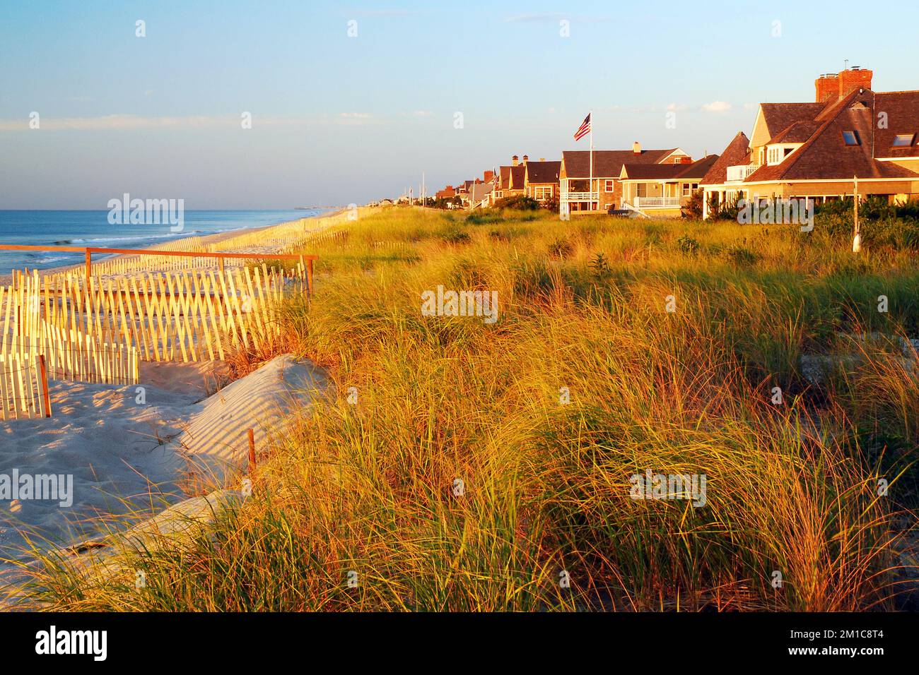 Luxury beachfront summer vacation homes are built up to the dunes along ...
