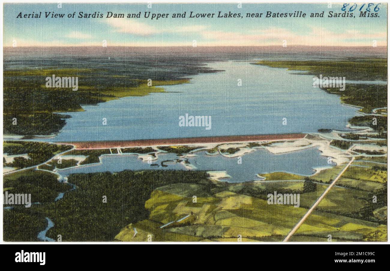 Aerial view of Sardis Dam and upper and lower lakes, near Batesville ...