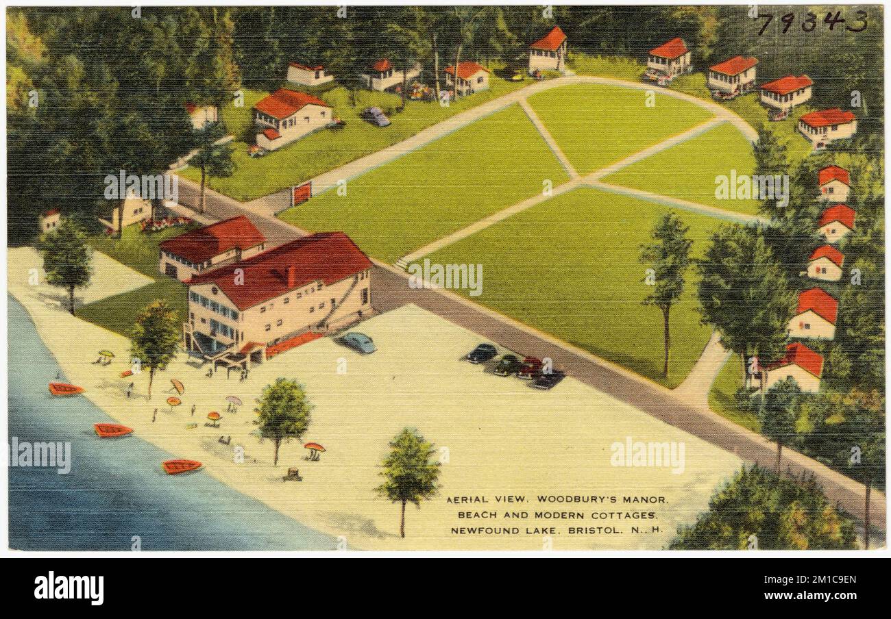 Aerial view, Woodbury's Manor, beach & modern cottages. Newfound Lake ...