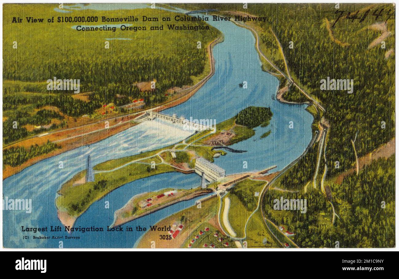 Air view of $100,000,000 Bonneville Dam on Columbia River Highway ...