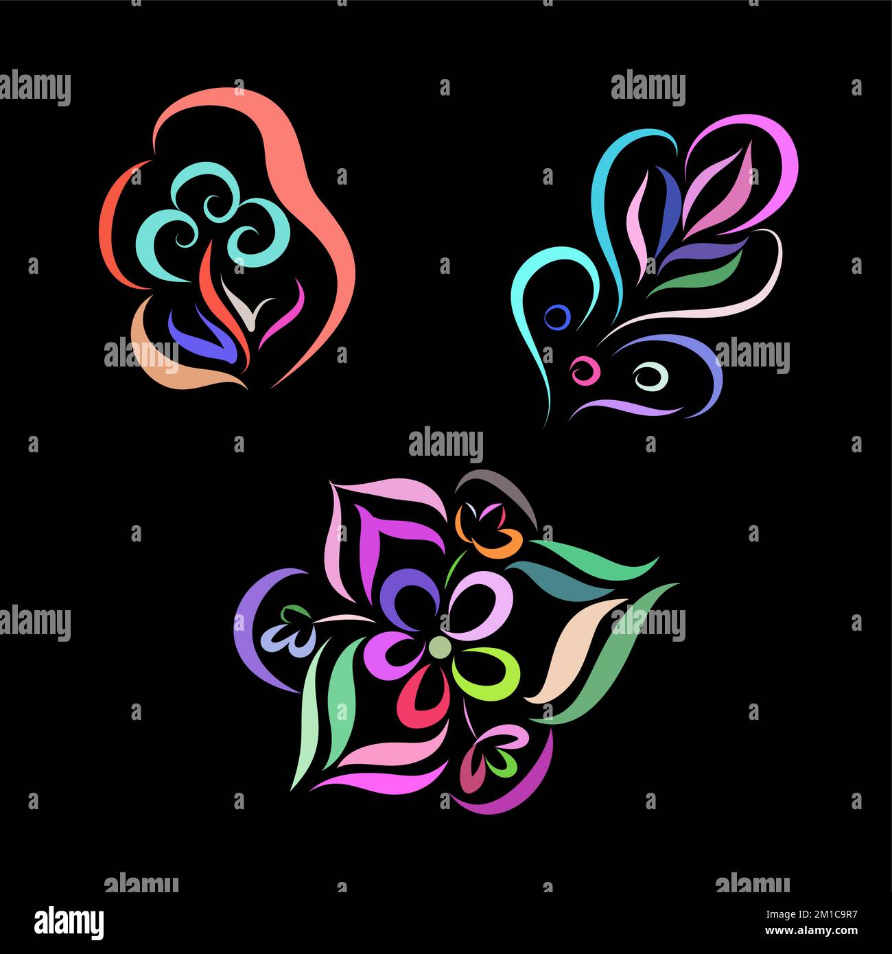 Elegant Decorative Hand Sketched Colored Flowers on Black, Design ...