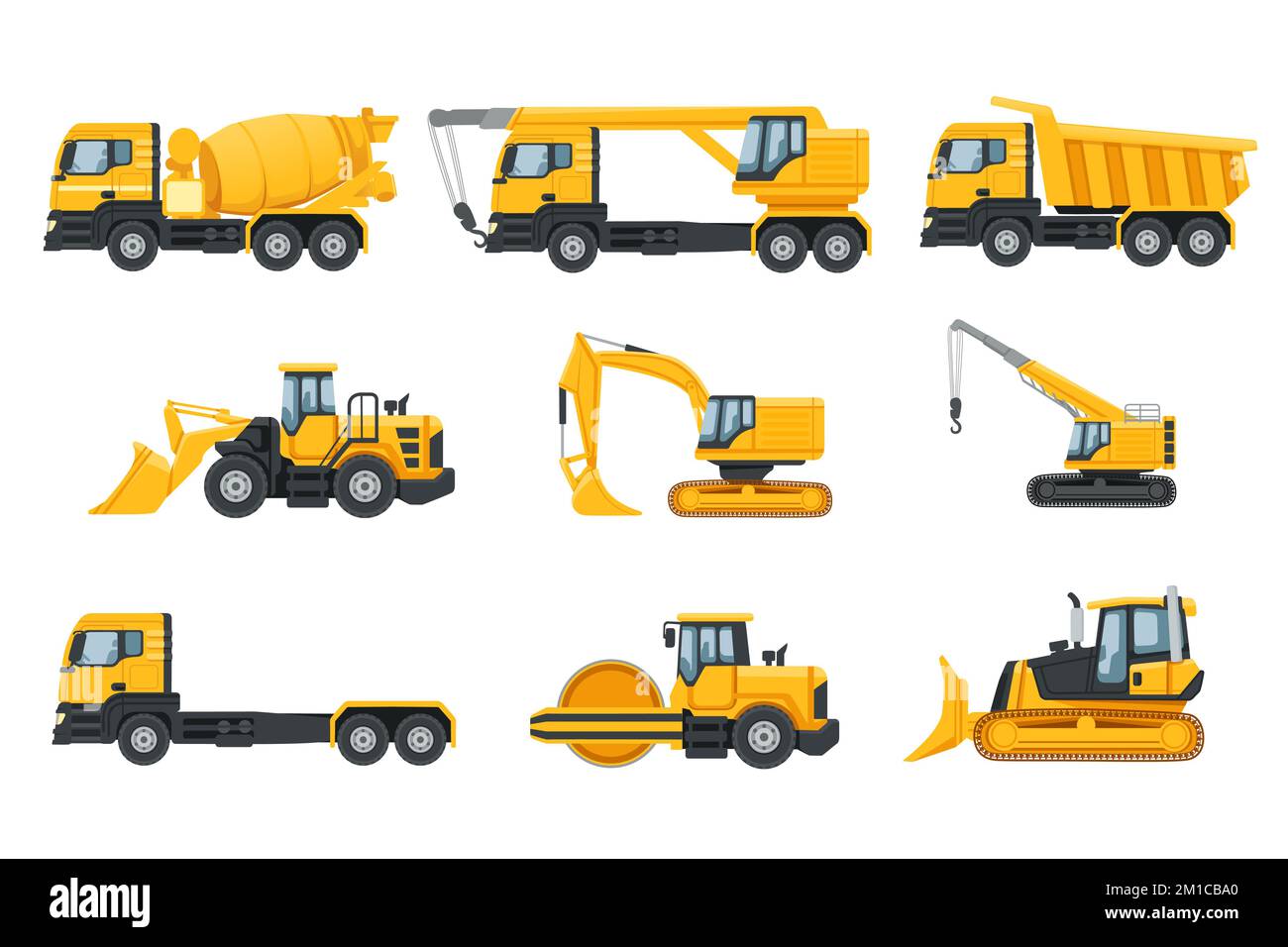 Set of industrial heavy machinery transportation isolated on white ...