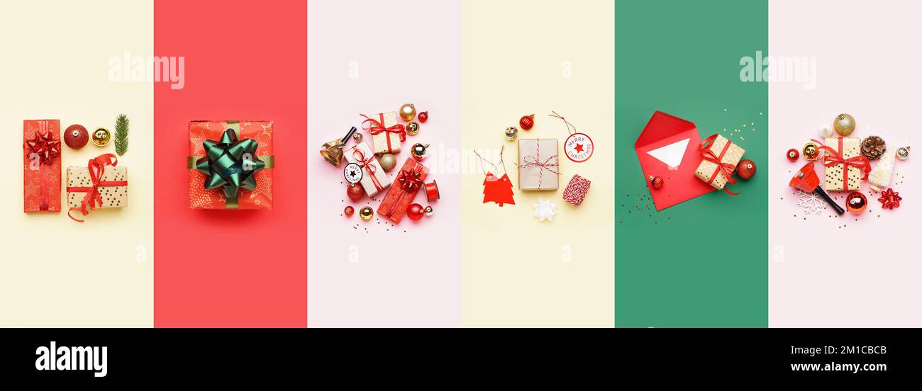 Collage with gift boxes and Christmas decor on colorful background ...