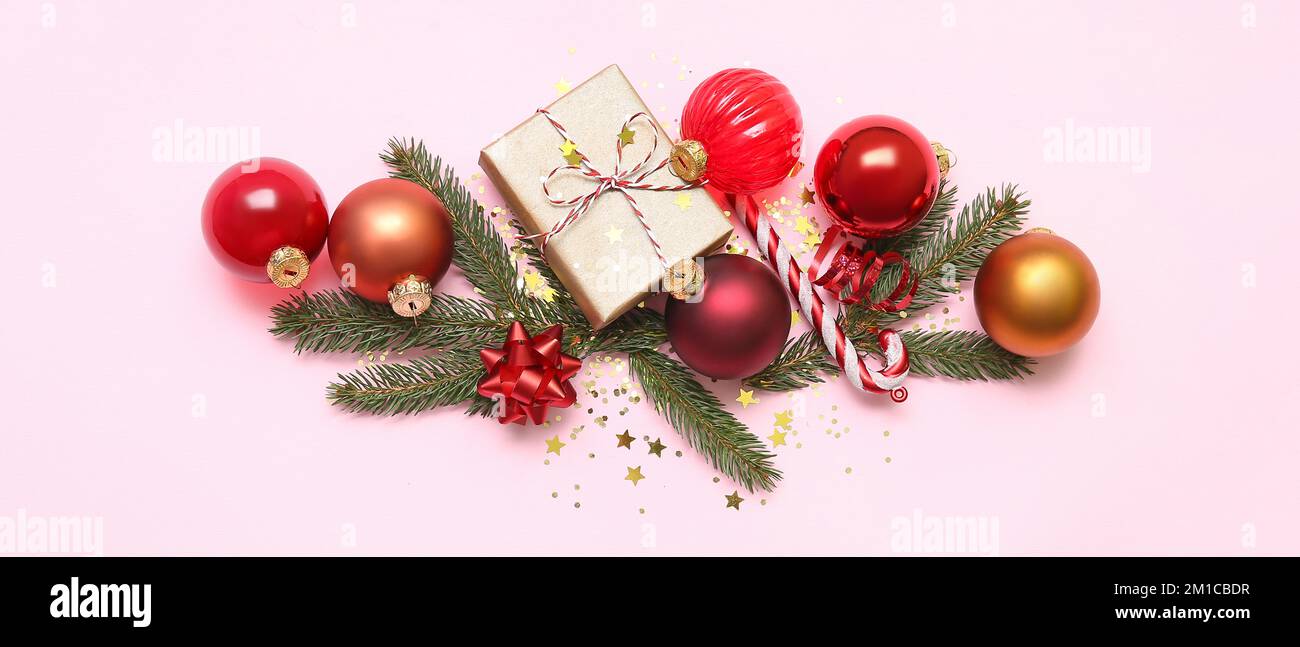 Beautiful composition with Christmas gift, fir tree branches and ...