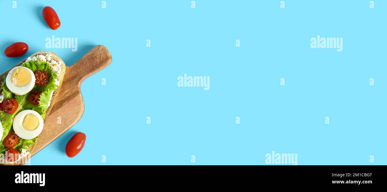 Tasty toast with boiled egg and tomatoes on light blue background with ...