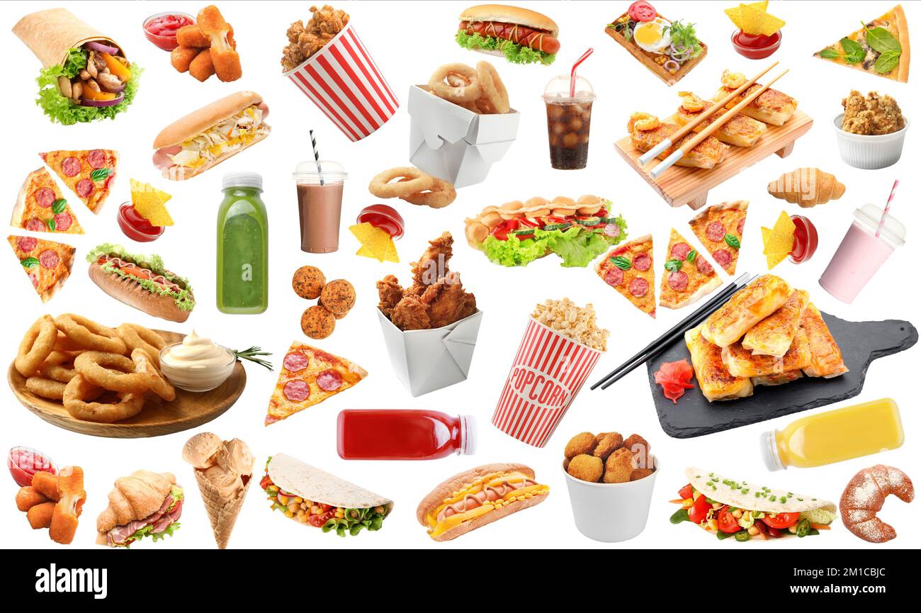 Collage of tasty fast food on white background Stock Photo - Alamy