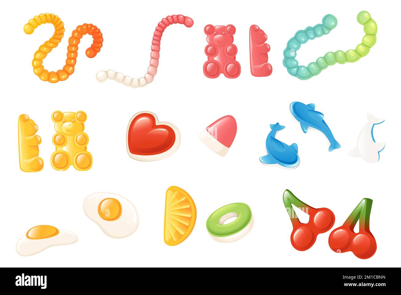 Set of colored jelly gummy candy worm bear heart cherry vector ...