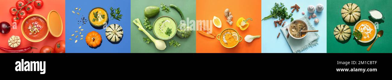 Collage of tasty soups on color background Stock Photo - Alamy