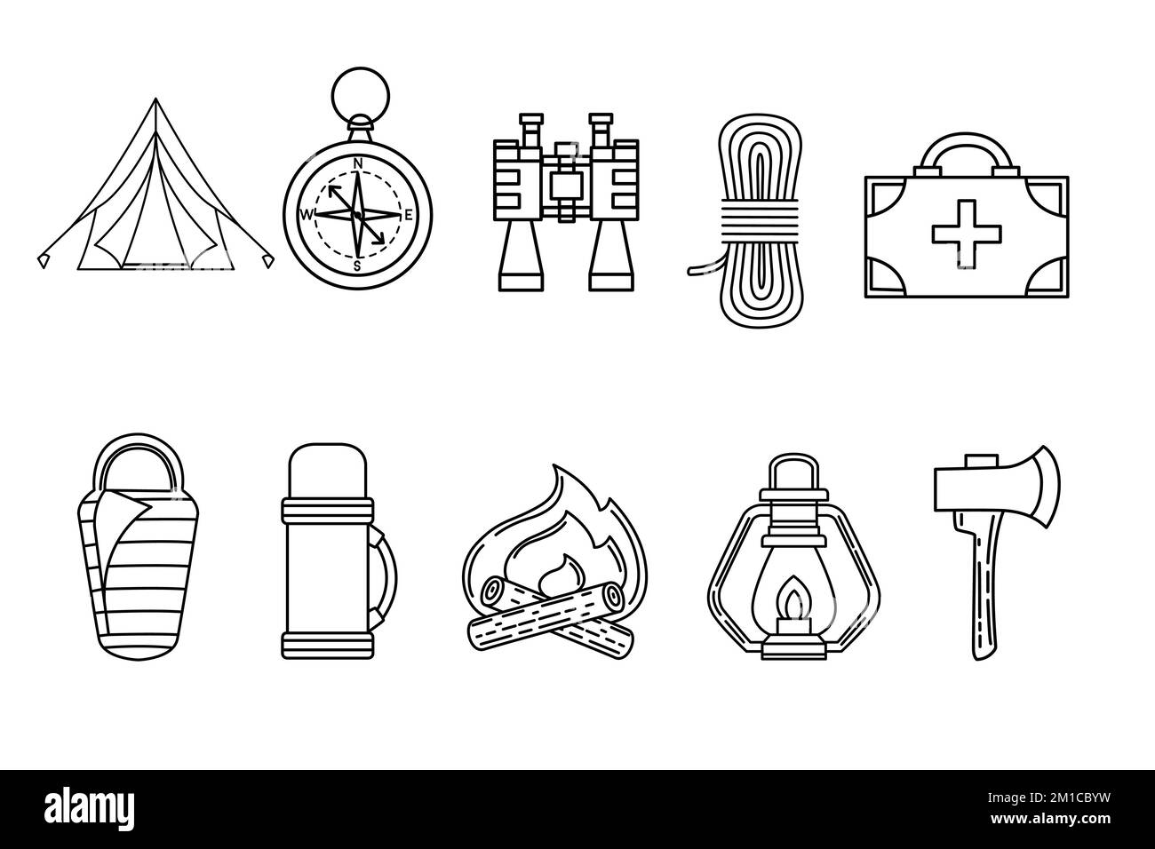 Set of camping equipments icons outline style vector illustration ...