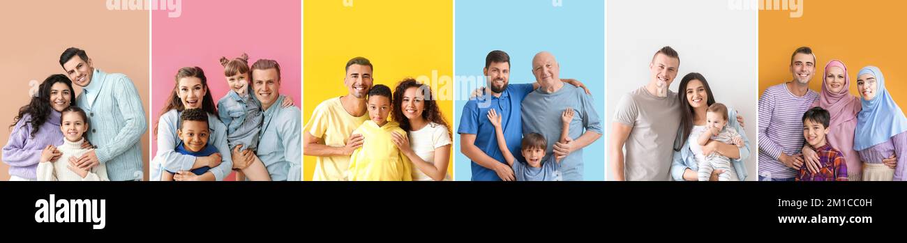 Set of happy big families on color background Stock Photo - Alamy