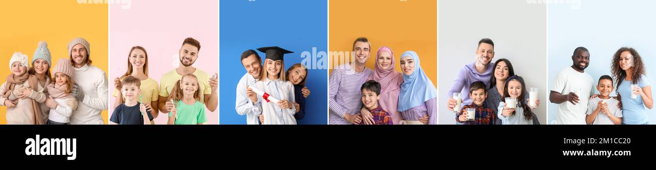Collection of happy big families on color background Stock Photo - Alamy