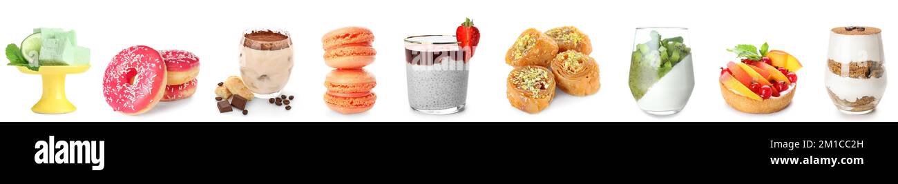 Collection of delicious desserts on white background Stock Photo - Alamy