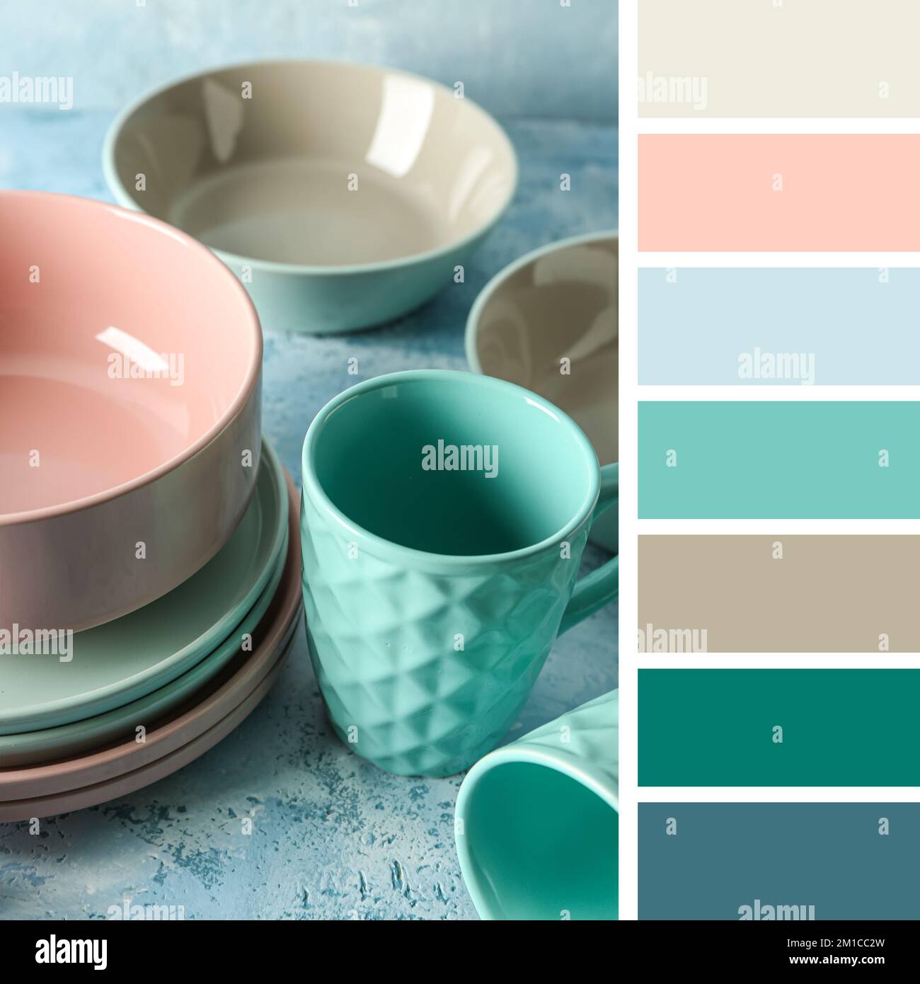 Set of stylish clean tableware on blue background, closeup. Different ...