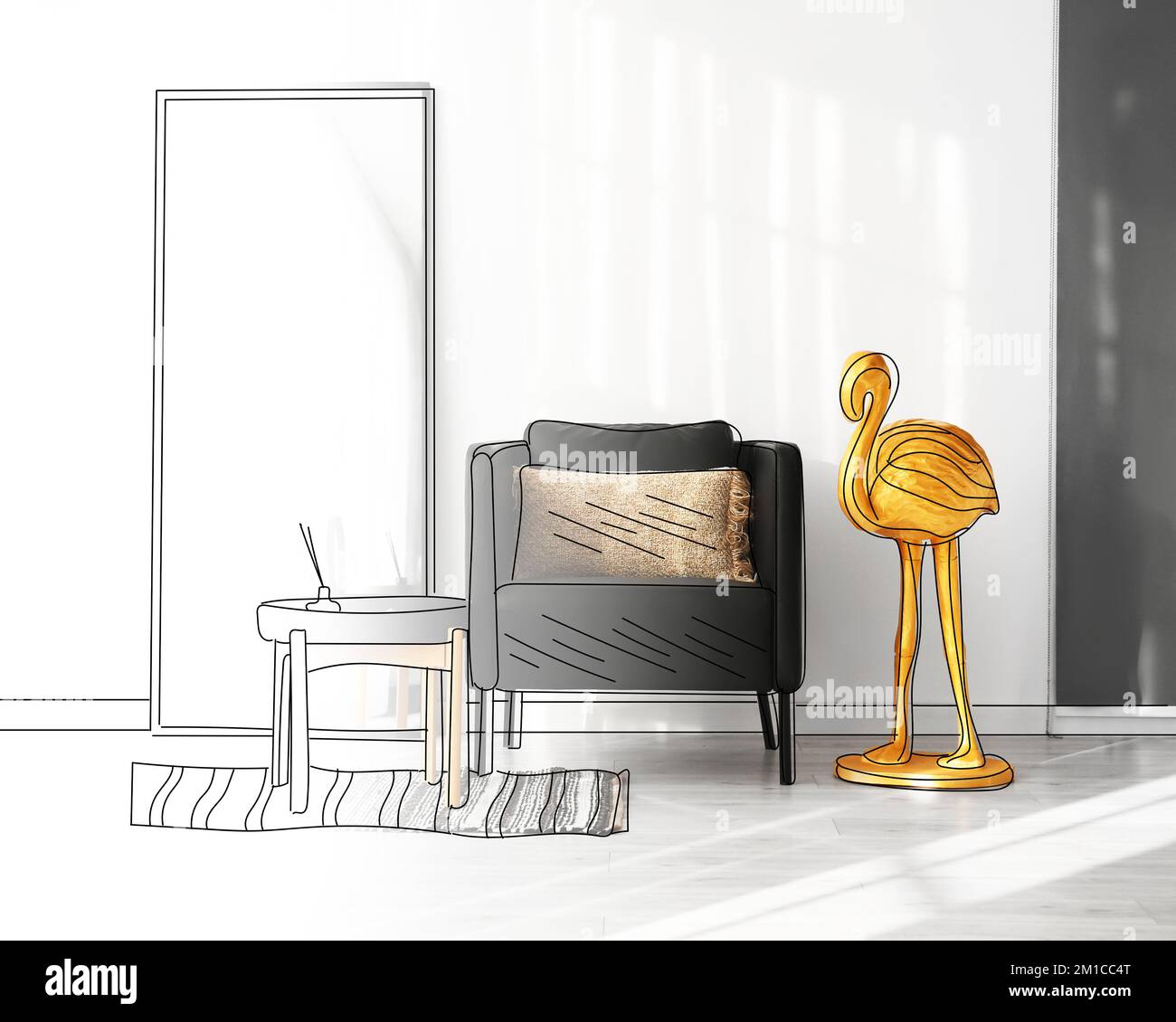 New interior of living room with comfortable armchair, golden flamingo ...