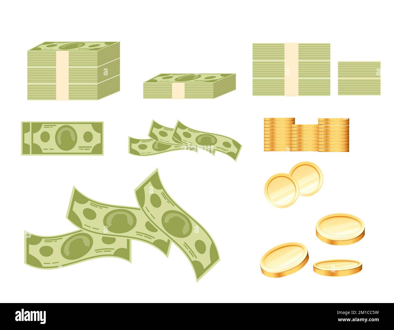Set of golden coins and paper dollar currency vector illustration ...