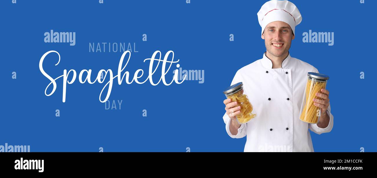 Handsome chef with pasta and text NATIONAL SPAGHETTI DAY on blue ...