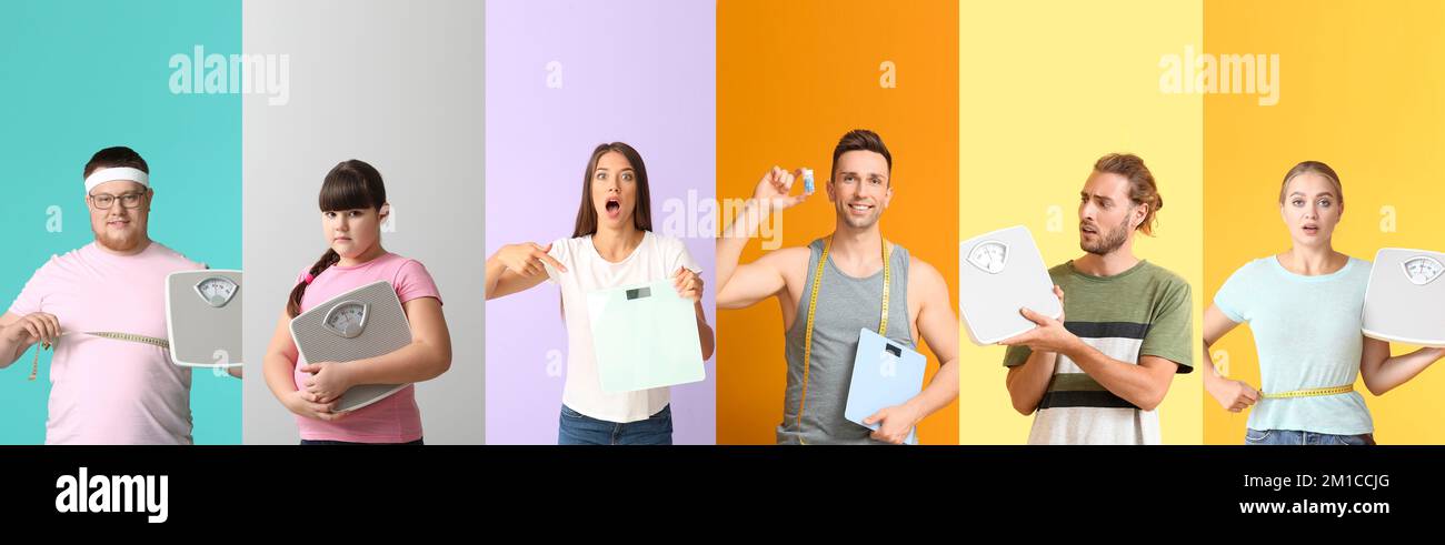 Set of people with weight scales on colorful background Stock Photo - Alamy