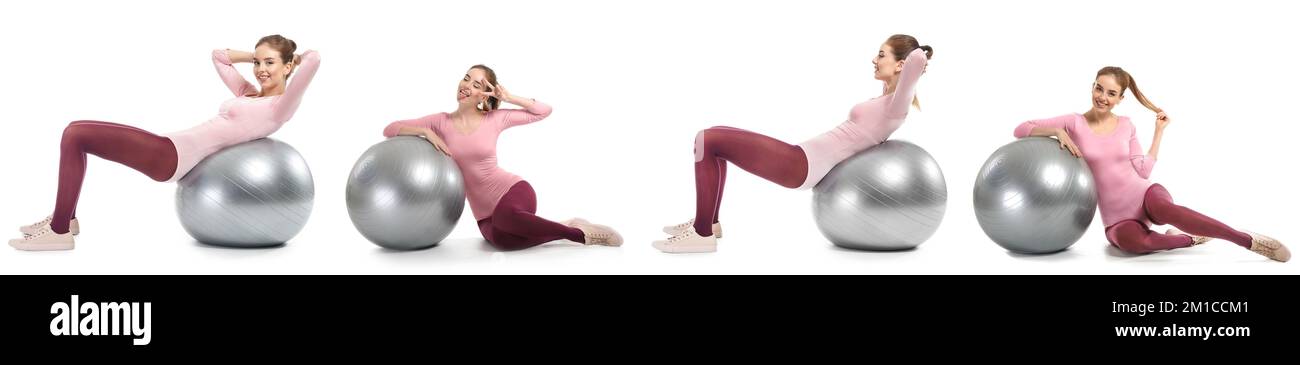 Set of sporty young woman with fitball doing pilates on white ...