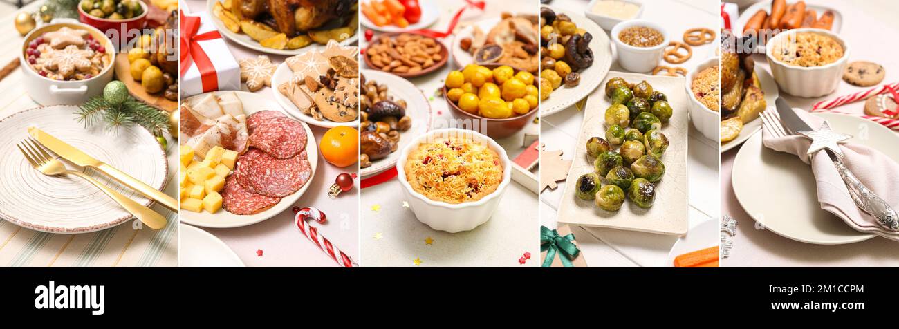 Collage of tasty dishes and table settings for Christmas dinner Stock ...