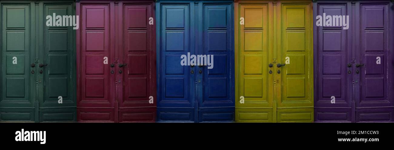 Collage of retro doors painted in different colors Stock Photo - Alamy