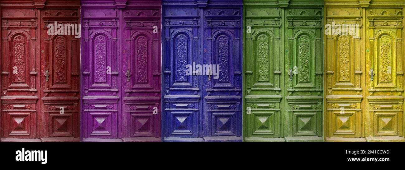 Collage of old doors painted in different colors Stock Photo - Alamy