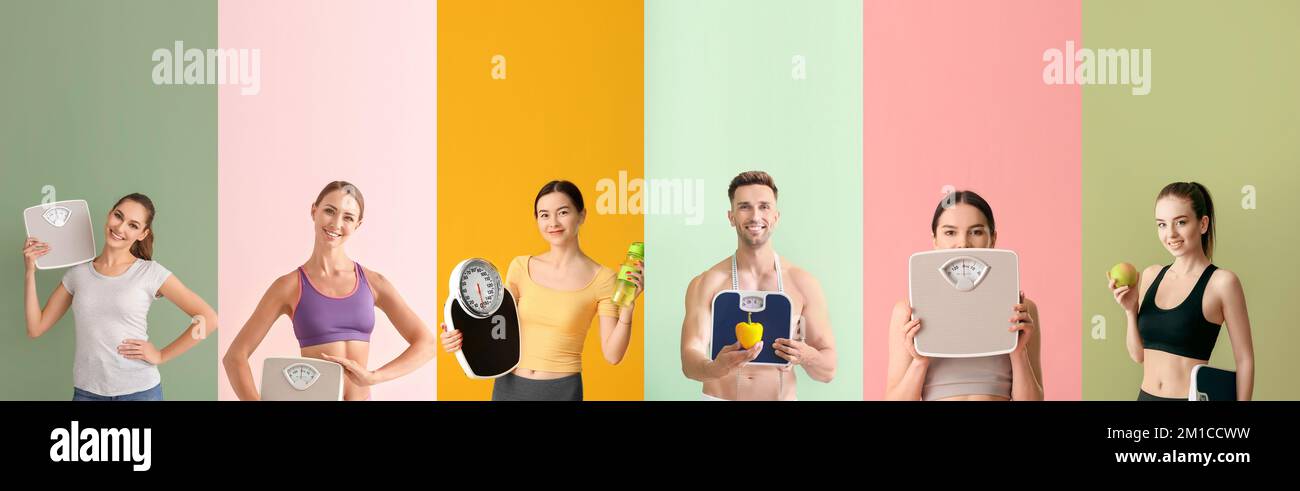 Set of people with weight scales on colorful background Stock Photo - Alamy