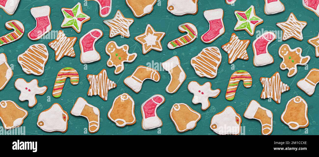 Many different Christmas cookies on green background. Pattern for ...
