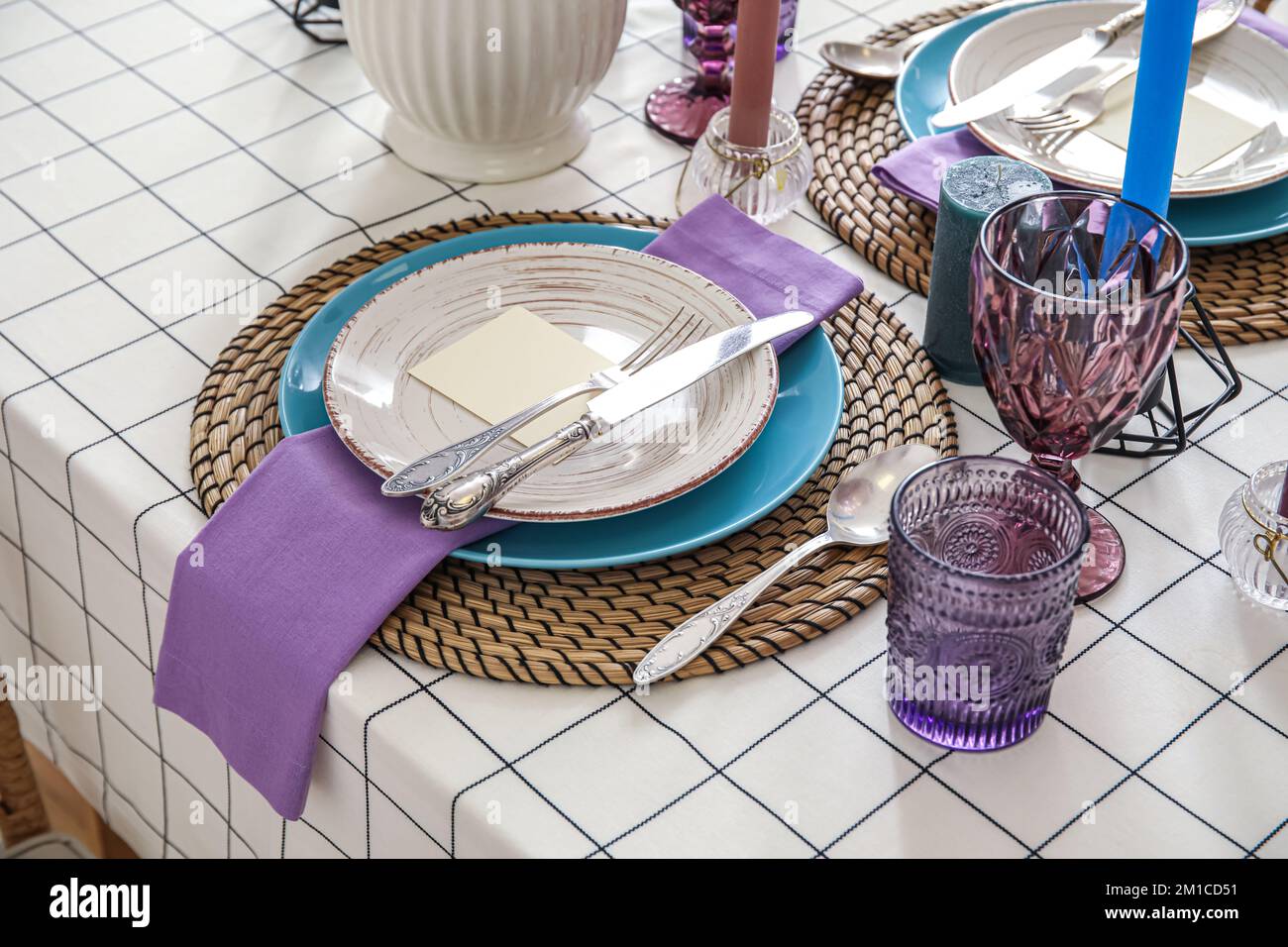Beautiful table setting with candles and blank card, closeup Stock ...