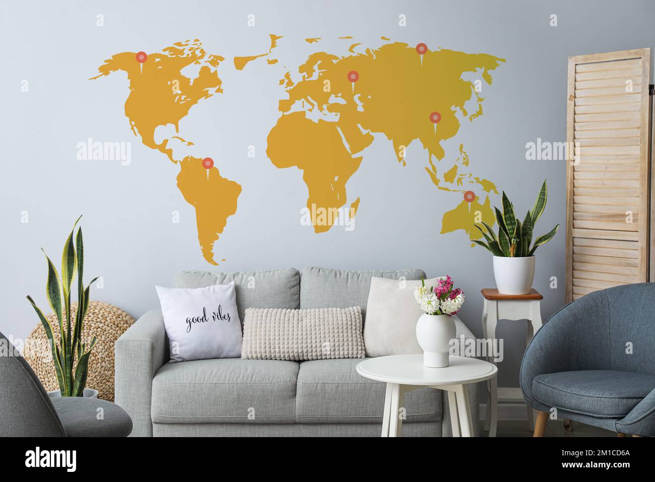Interior of modern living room with grey furniture and printed world ...
