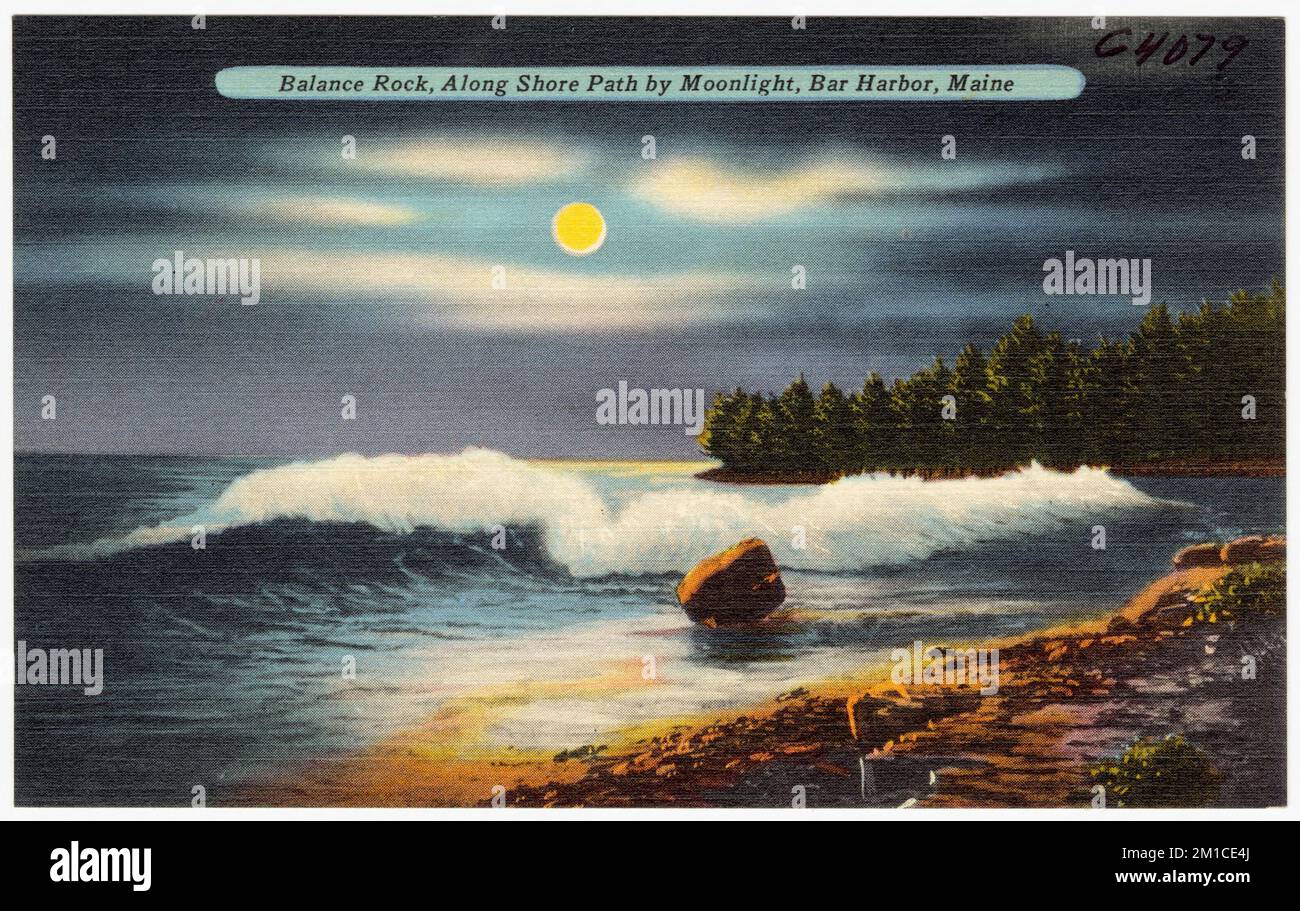 Balance Rock, along shore path by moonlight, Bar Harbor, Maine , Seas ...