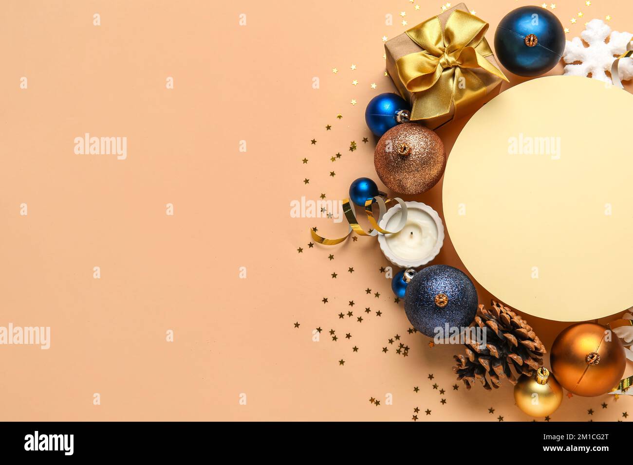 Composition with blank card, Christmas decorations and gift on color ...