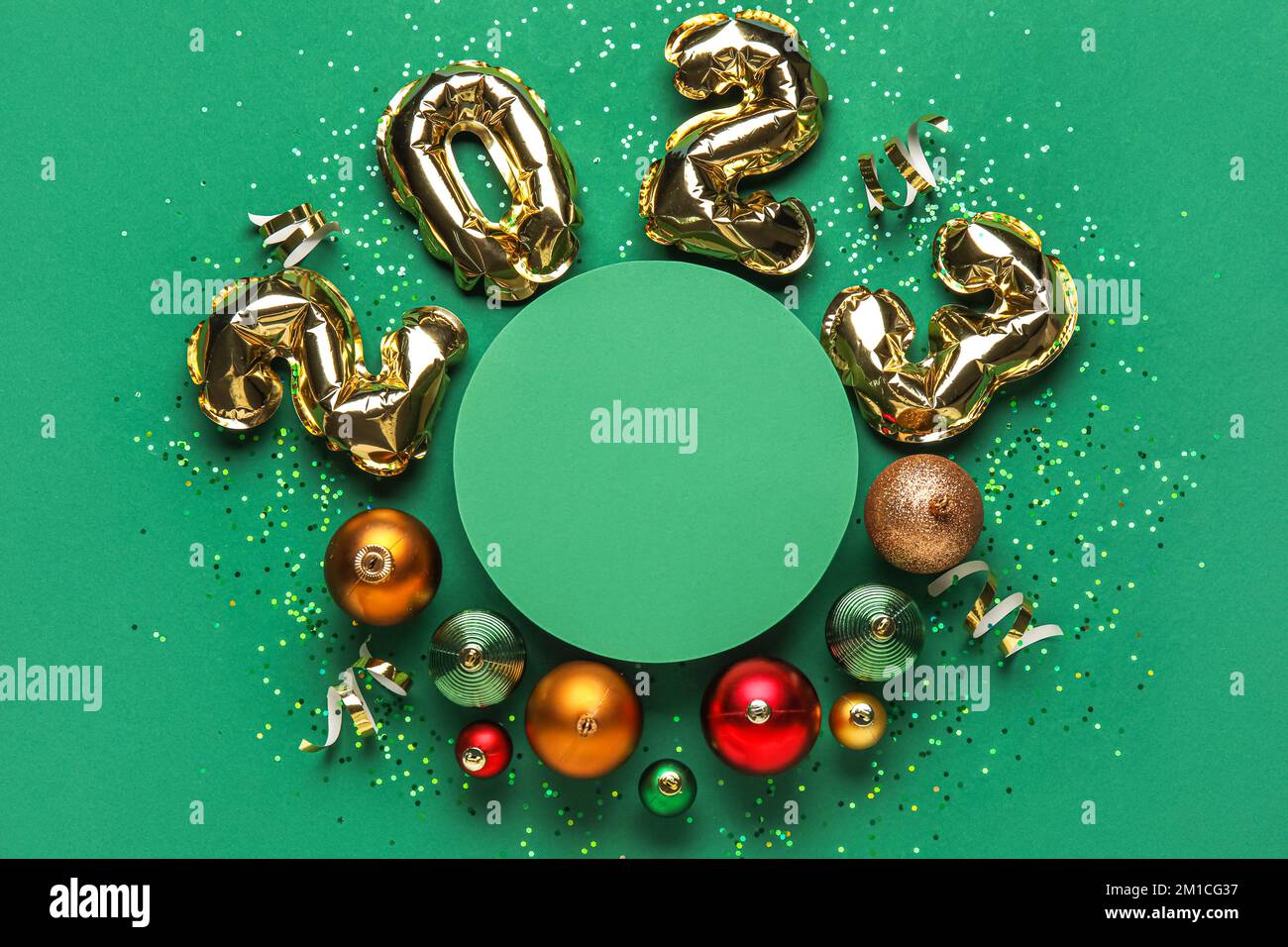 Composition with blank card, figure 2023 made of balloons and Christmas ...