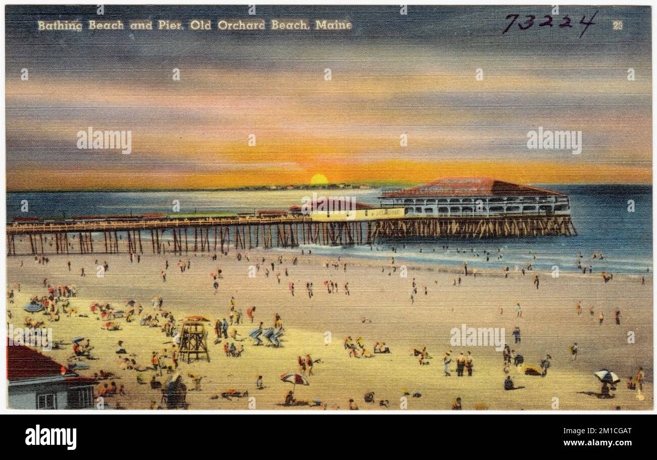 Bathing beach and pier, Old Orchard Beach, Maine , Piers & wharves ...