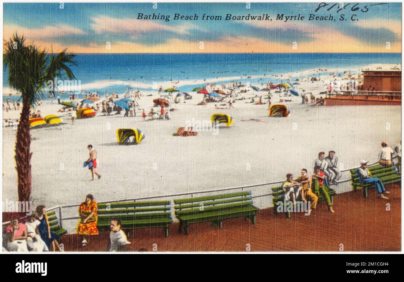 Bathing beach from boardwalk, Myrtle Beach, S. C. , Beaches, Tichnor ...