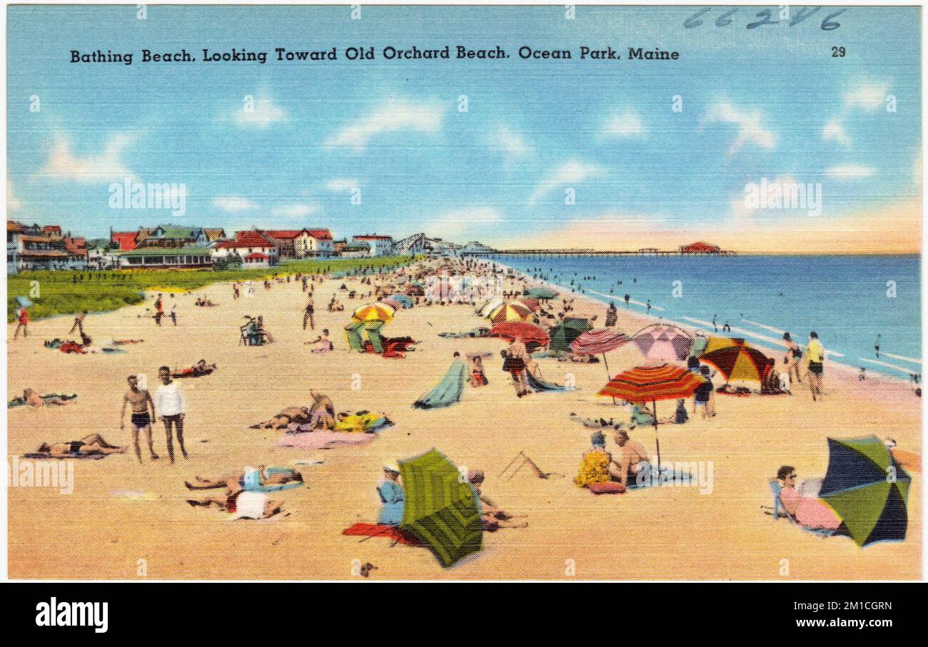 Bathing beach, looking toward Old Orchard Beach, Ocean Park, Maine ...