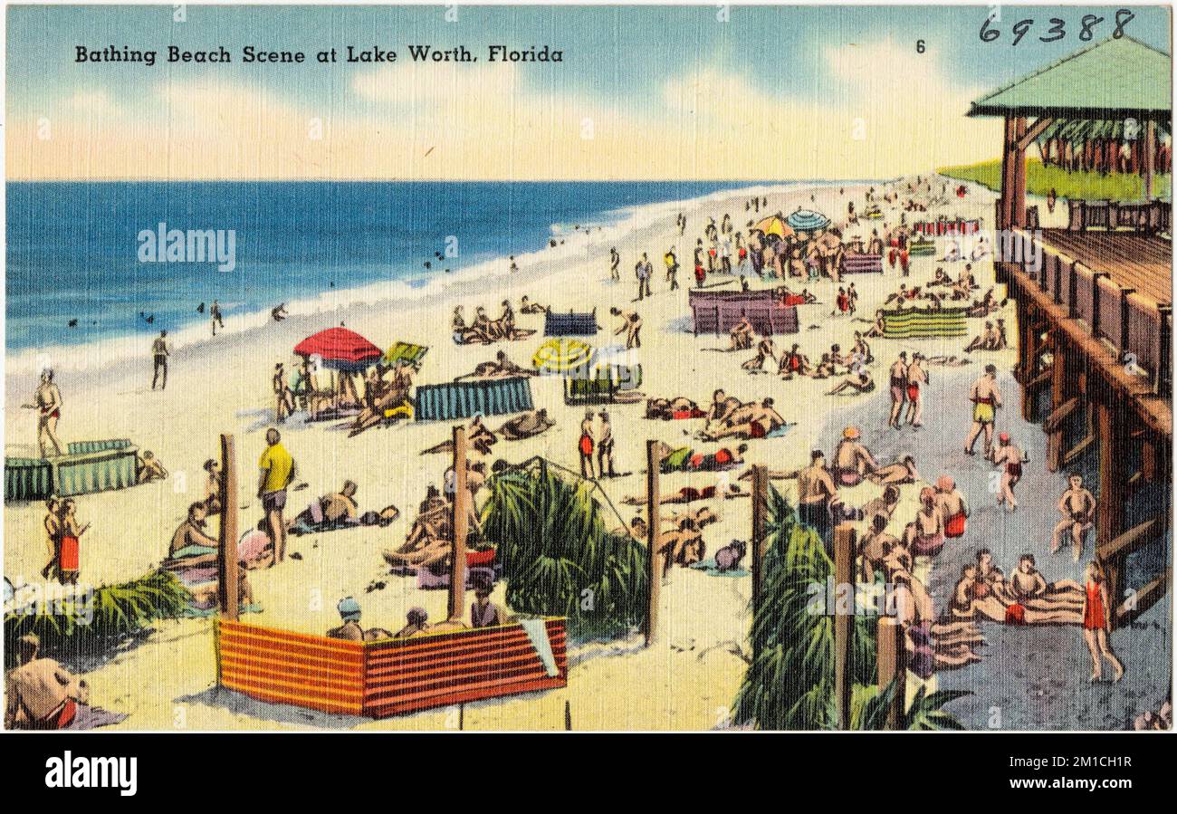 Bathing beach scene at Lake Worth, Florida , Beaches, Tichnor Brothers ...