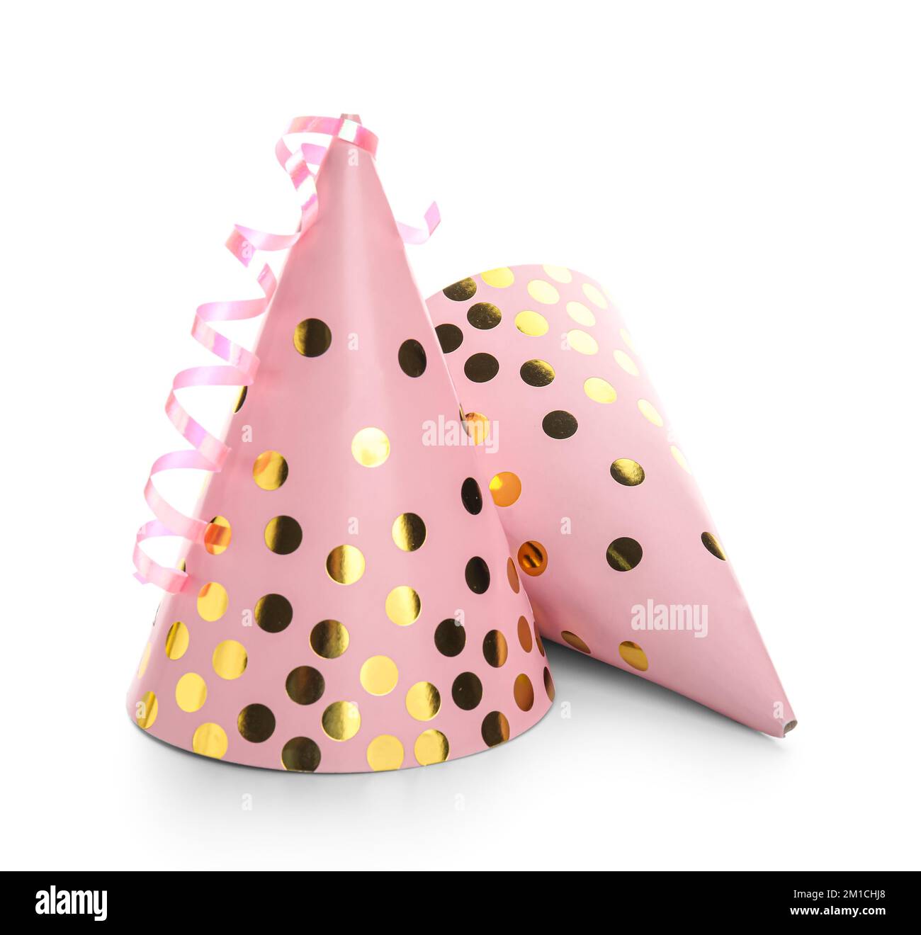 Pink party hats with glitter and confetti on white background Stock ...