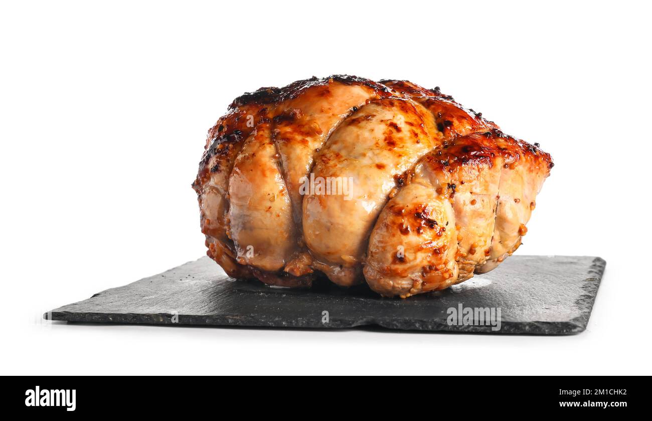 Board with tasty Christmas ham on white background Stock Photo - Alamy