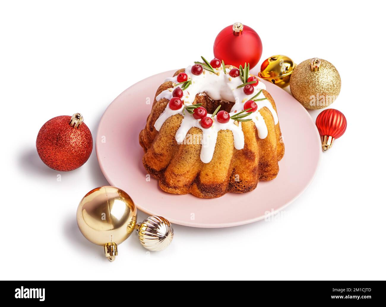 Plate with delicious Christmas cake and balls on white background Stock ...