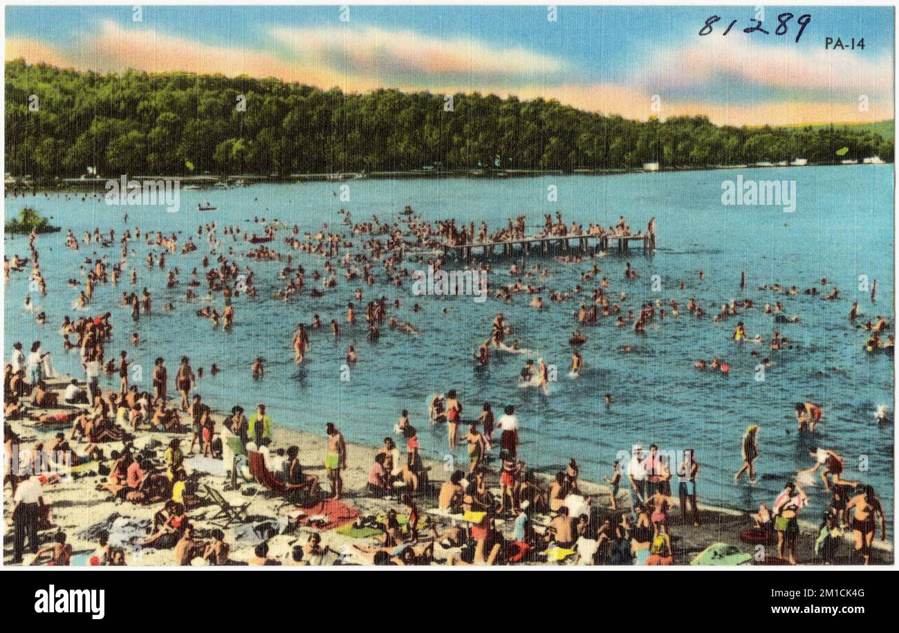 Beach scene, Pennsylvania , Lakes & ponds, Beaches, Tichnor Brothers ...
