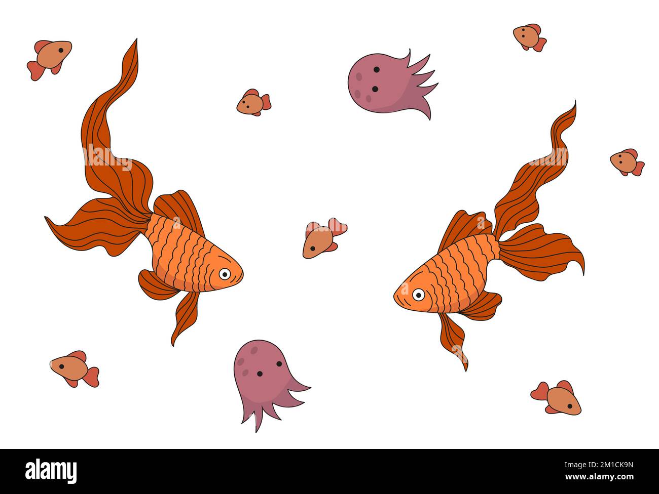 Illustration with marine inhabitants. Orange two fish. Jellyfish and ...