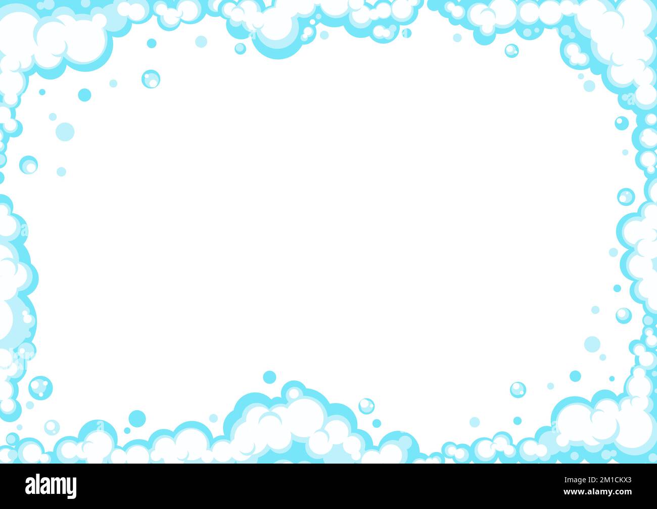 Soapy foam with bubbles. Frame of cartoon shampoo and shaving mousse ...