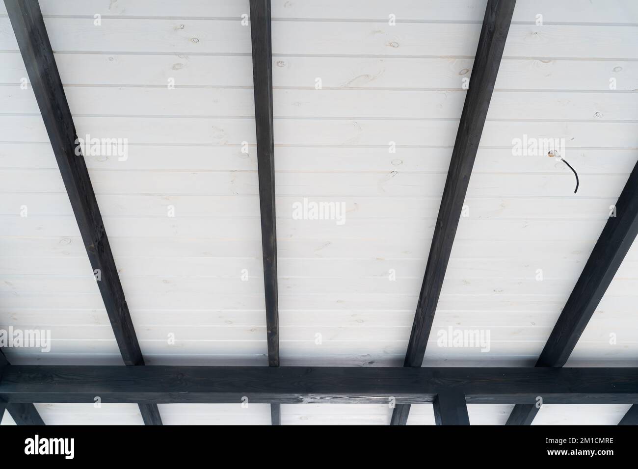 The ceiling of the street terrace is made of white wooden lining and ...
