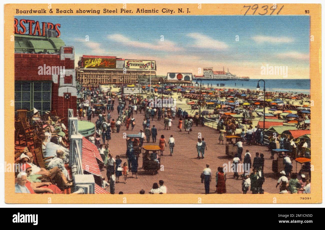 Boardwalk & beach showing Steel Pier, Atlantic City, N.J. , Beaches ...